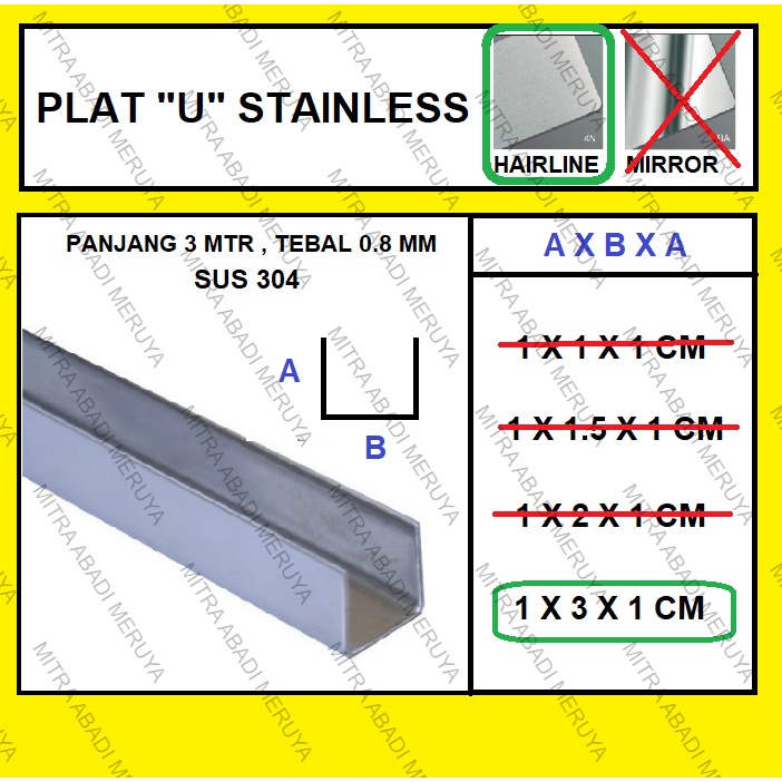 Jual Plat Stainless Hairline U 1 x 3 x 1 cm Lis Stainless Tekuk ...