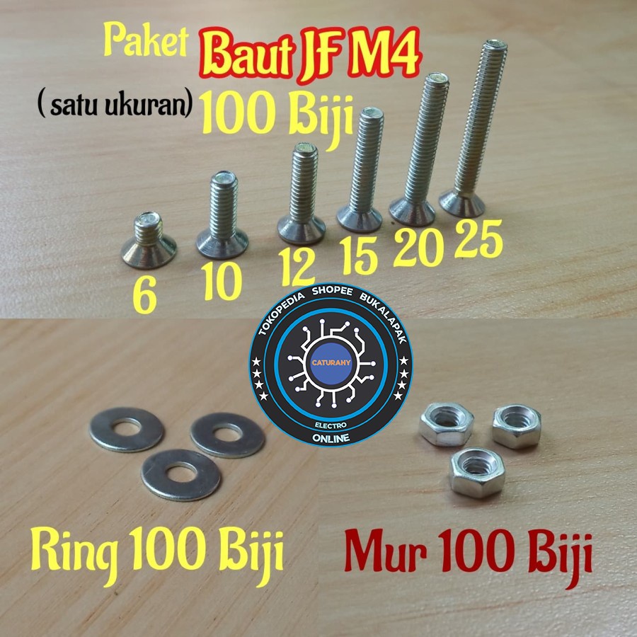 Jual paket baut mur ring jf m4 Panjang 6 10 12 15 25 20 Cutersink | Shopee Indonesia