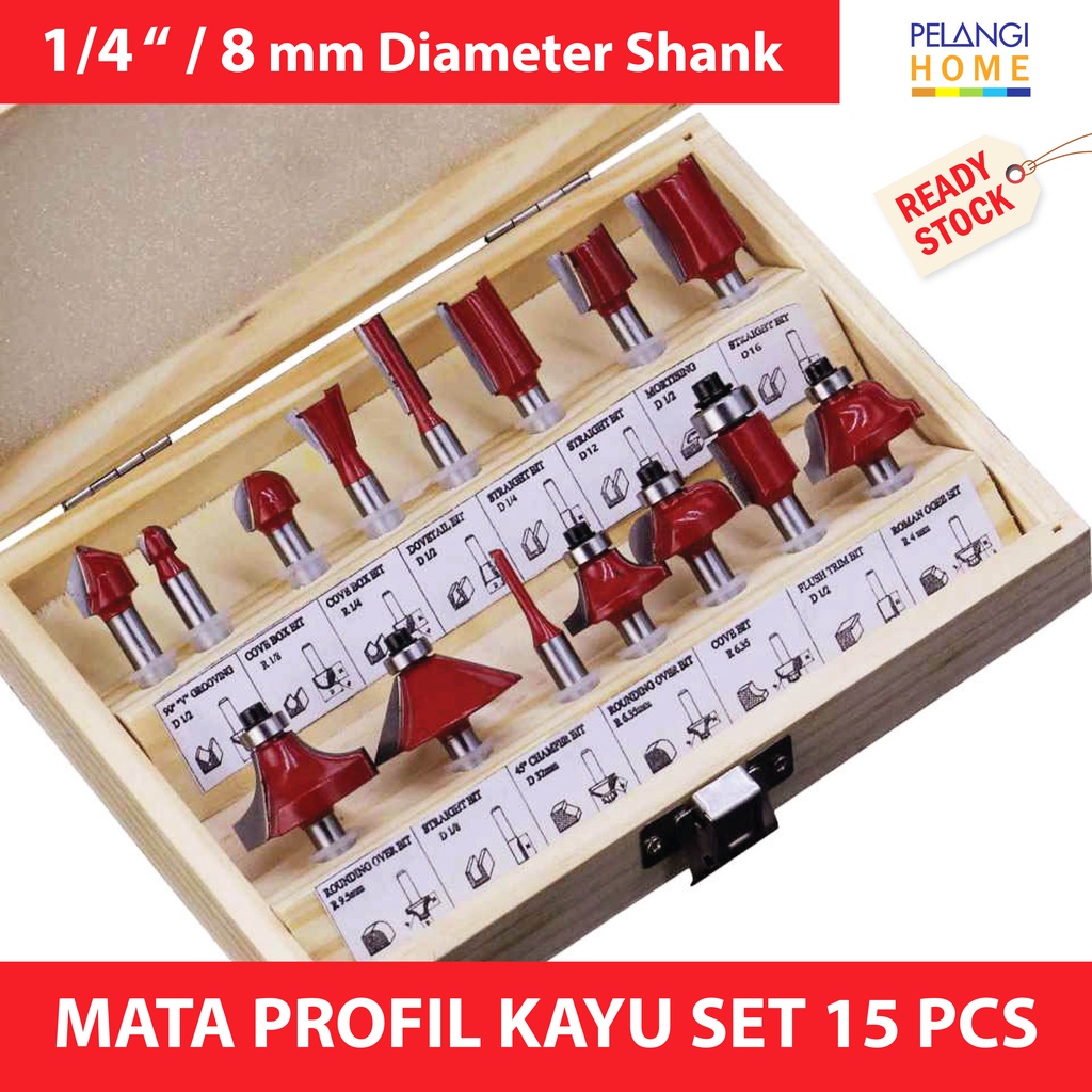 Jual Mata Profil Set Router Bit Trimmer Kayu 8mm 15 Pcs | Shopee Indonesia