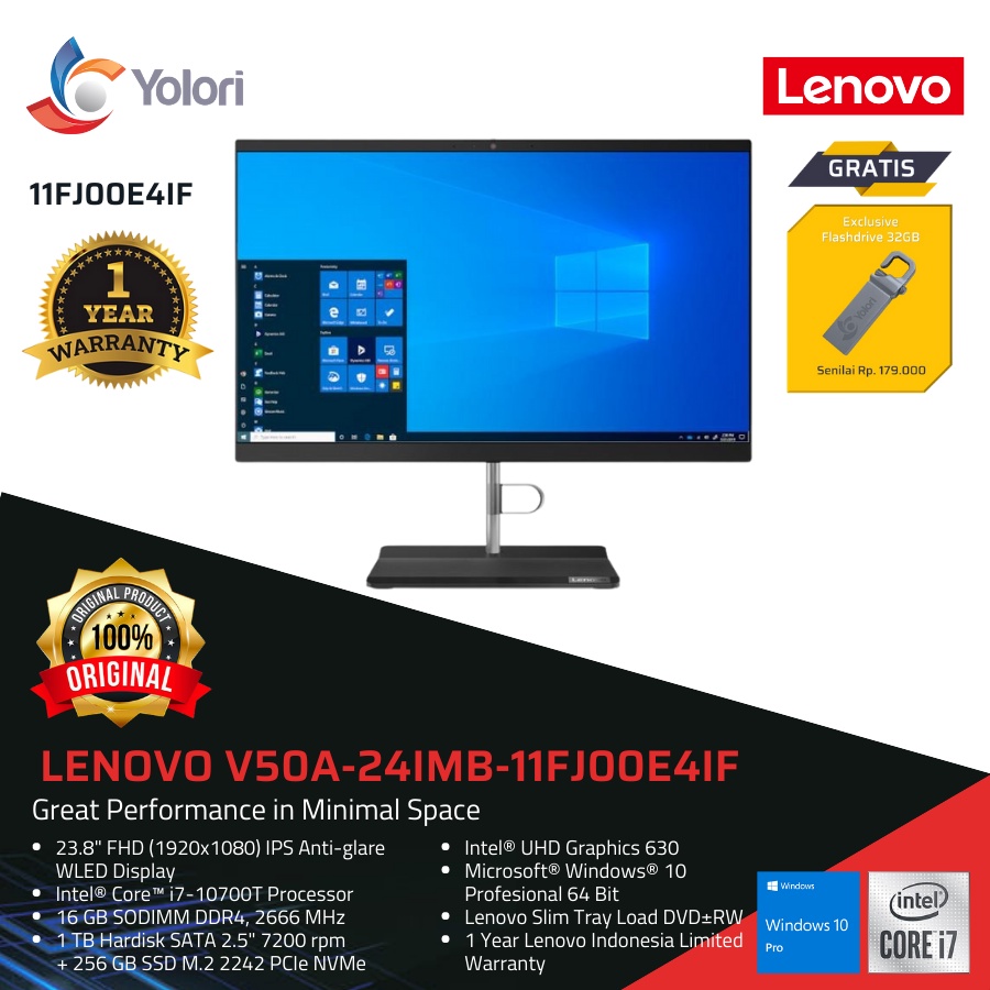 Jual Lenovo V50a-24IMB AIO i7-10700T 16GB 1TB+256GB Intel UHD Windows 10 Pro (11FJ00E4IF ...