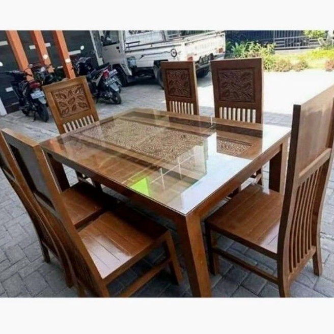 Jual Meja makan panjang balero kursi 6 kayu jati + kaca | Shopee Indonesia