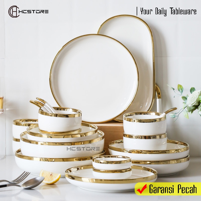 Jual Piring Makan Keramik Putih Gold Piring Putih keramik piring saji ...