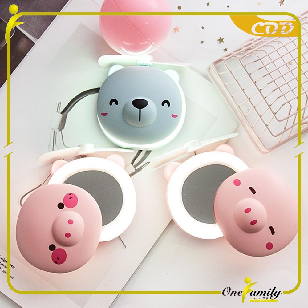 Jual ONE-K36 Kipas Cermin Makeup LED 3in1 Karakter Mini Fan Led Mirror ...