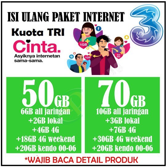 Jual INJECT VOUCHER PAKET DATA KUOTA INTERNET THREE TRI CINTA 4G 50GB ...