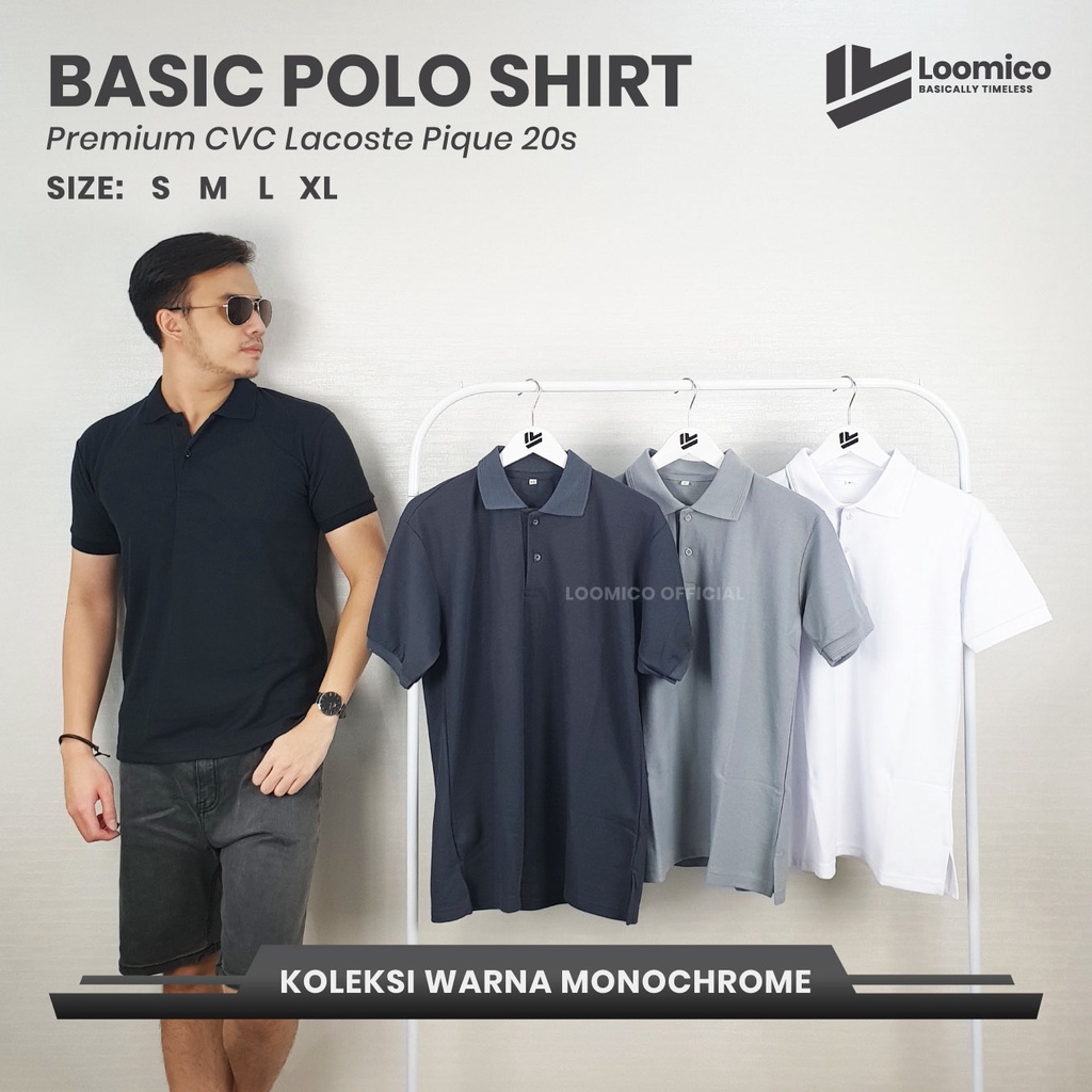 Jual Loomico Premium Basic Polo Shirt CVC Lacoste Pique 20s | Koleksi Warna Monochrome Hitam Abu ...