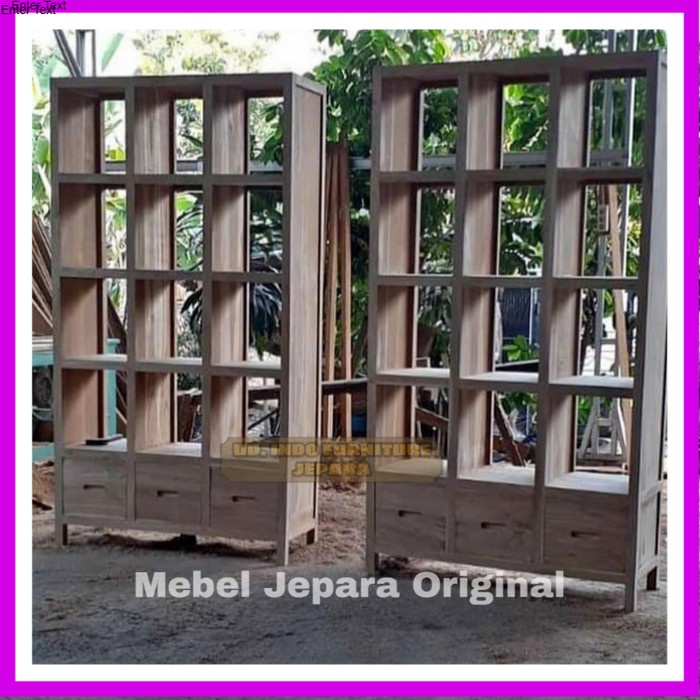 Jual rak lemari buku hias kayu jati mentahan model besar + laci ...