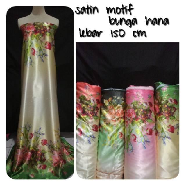 Jual bahan kain sateen saten satin halus motif bunga hana / kain ...