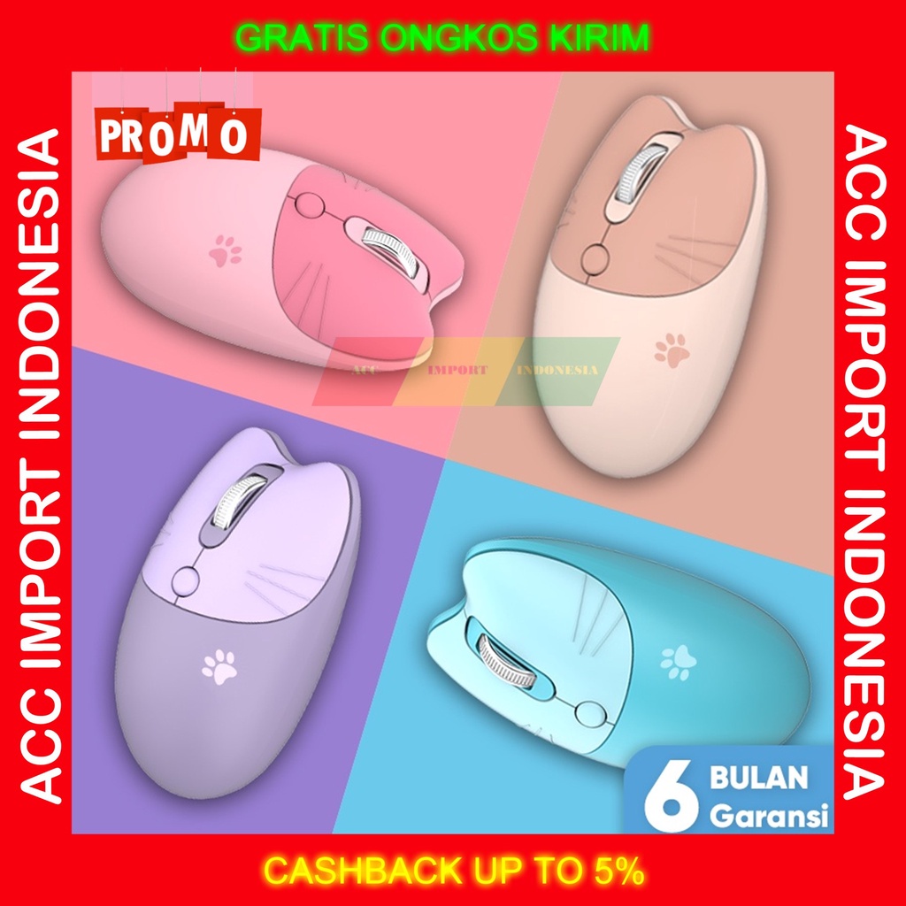Jual Mofi Mouse Wireless Anak Karakter Kartun Design Cat Ear Lucu Pink ...
