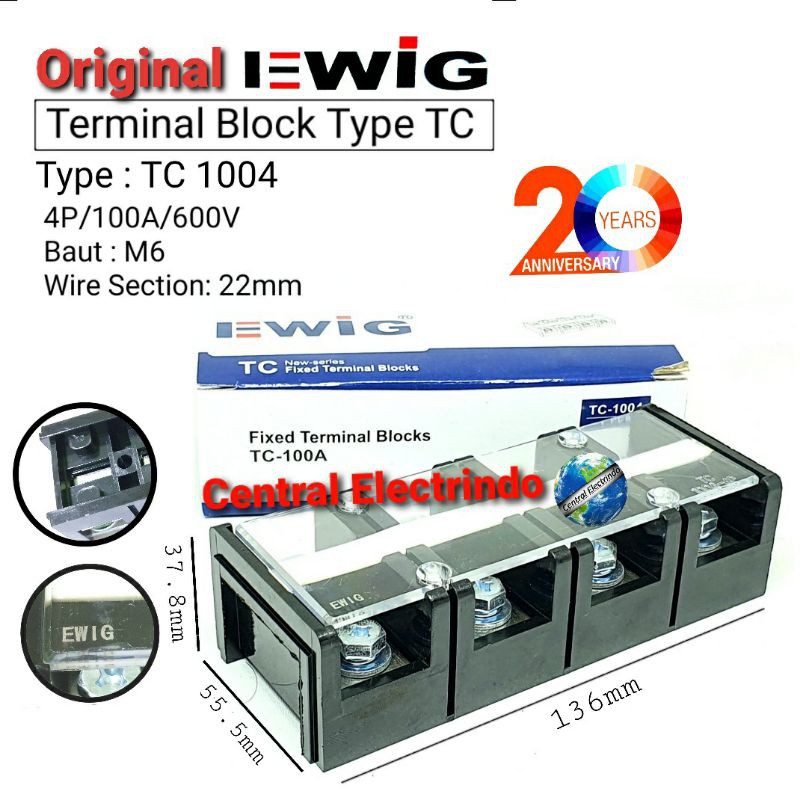 Jual Terminal Block Blok 100A 4P (TC 1004) EWIG. | Shopee Indonesia