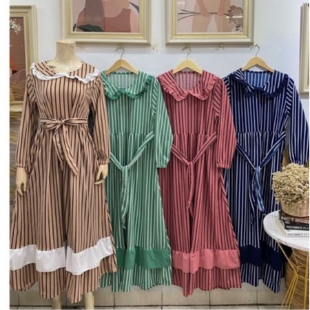 Jual Gamis salur kerah korea lengan karet wudhu tali pinggang bahan ...
