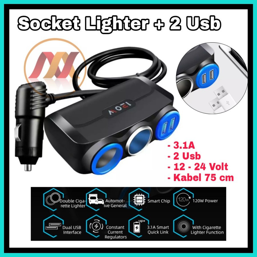 Jual Socket Lighter Mobil 120w Dual USB Extension Adapter Universal 803 | Shopee Indonesia