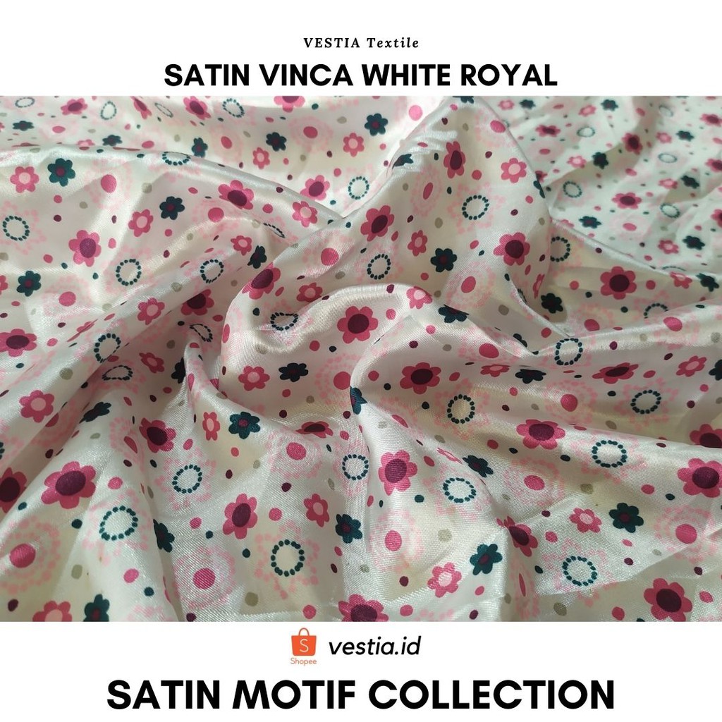 Jual TERBARU! KAIN SATIN MOTIF BUNGA VINCA WHITE ROYAL | Shopee Indonesia