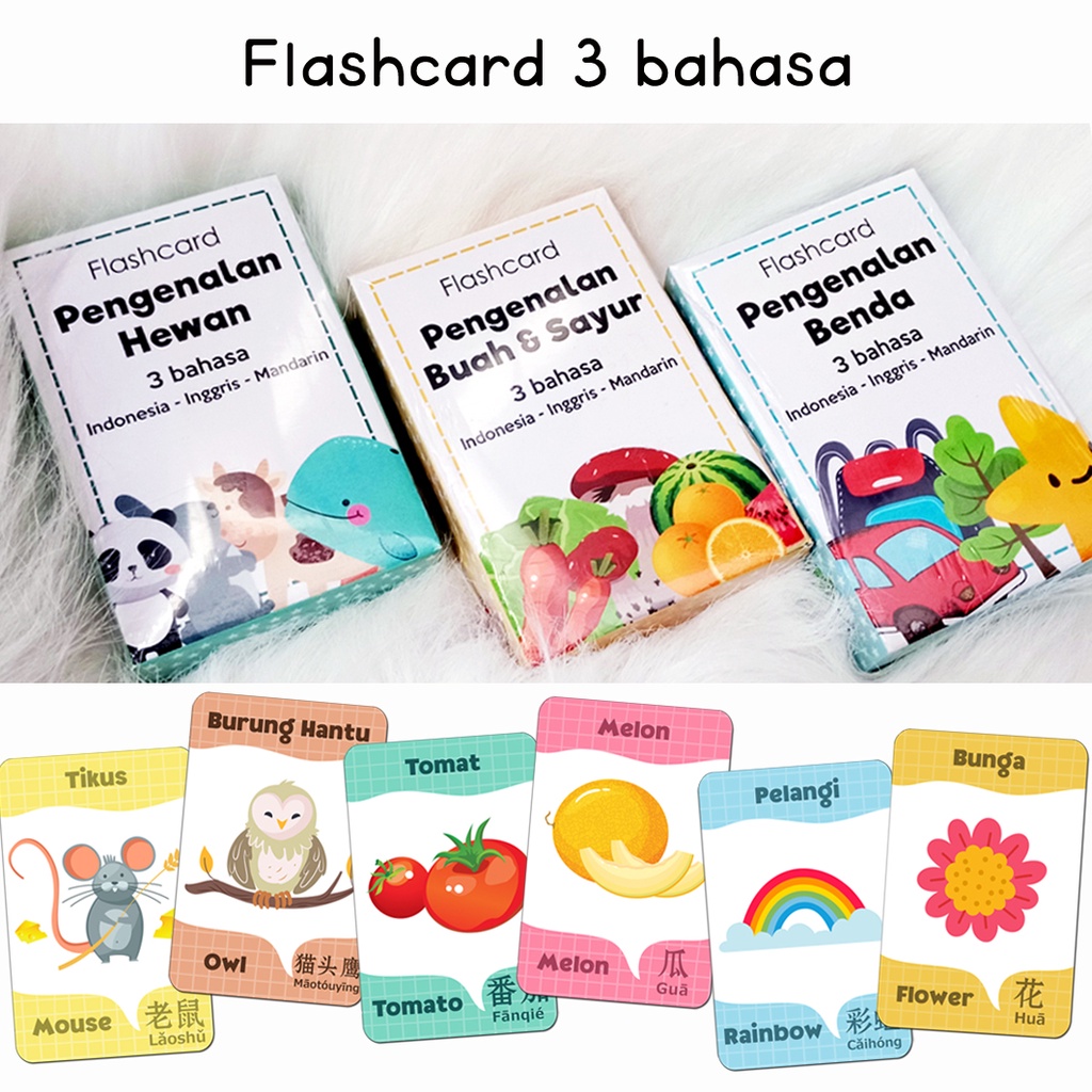 Jual Flashcard pengenalan nama hewan 3 bahasa / benda 3 bahasa / buah ...