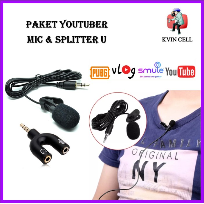 Jual KV Clip On Mic Microphone 3.5mm + Audio Splitter U Shape Paket ...
