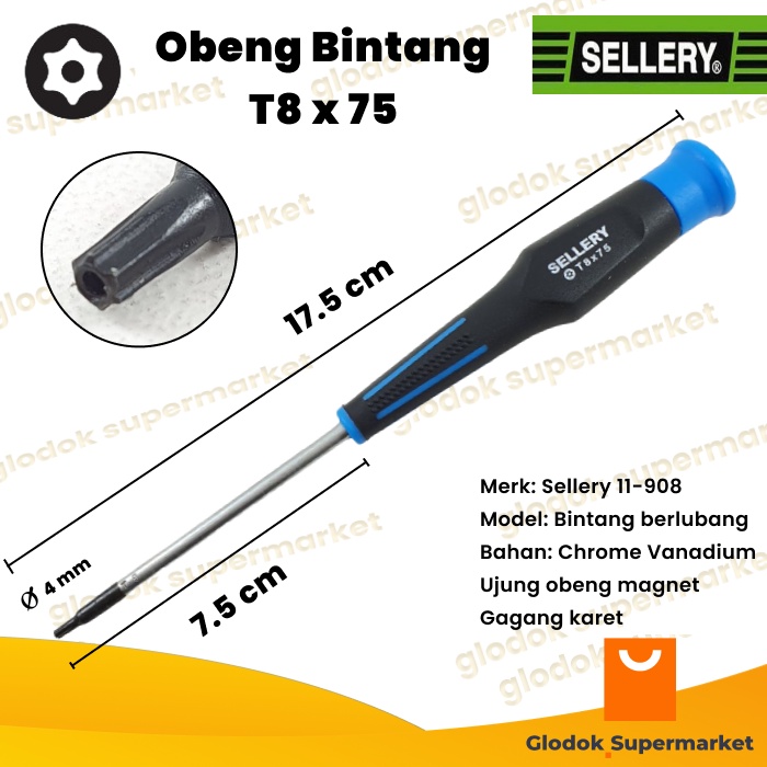 Jual Obeng Bintang T8 x 75 Sellery 11-908 Star Lubang Panjang Besi 75mm ...