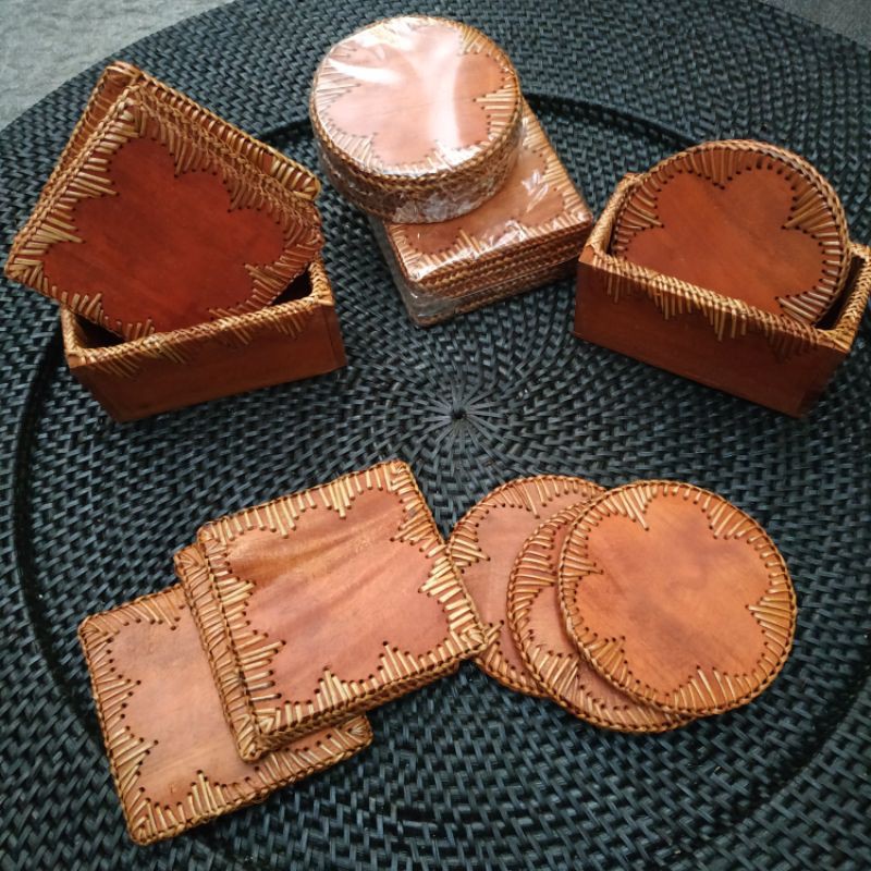 Jual Tatakan Gelas Kayu Rotan dgn Box Alas Cangkir Dekorasi Unik Wooden ...
