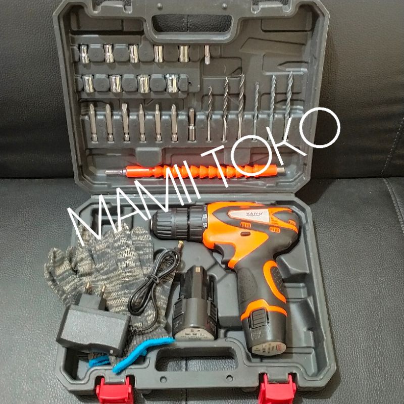 Jual Mesin bor obeng Bor 2 baterai Cordless 12 volt Cordless drill 12v ...