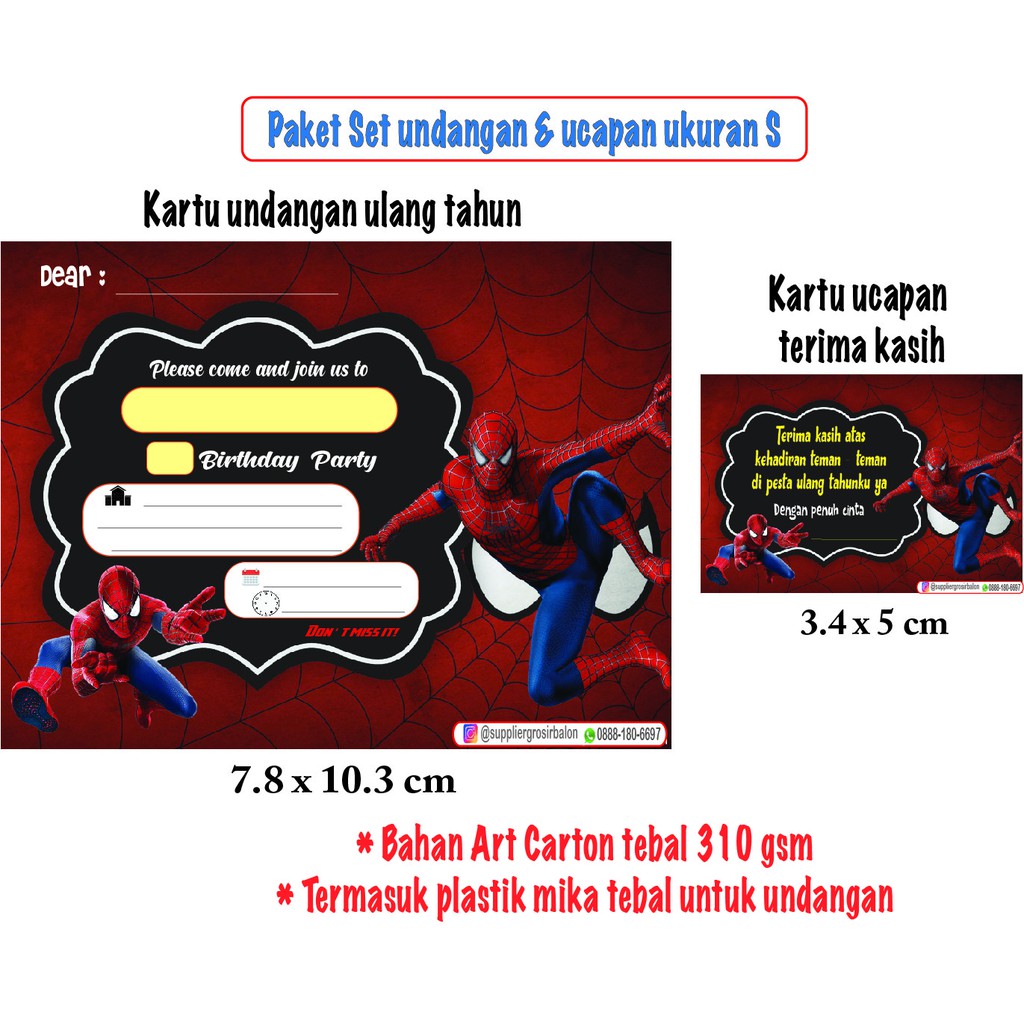 Jual Set Kartu undangan ulang tahun dan ucapan terima kasih tema Spiderman uk S | Shopee Indonesia