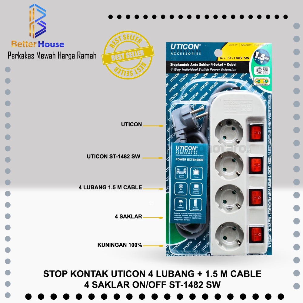 Jual Stop Kontak Arde 4 Lubang + 4 (On/Off) + Kabel 1,5m UTICON ST 1482 ...