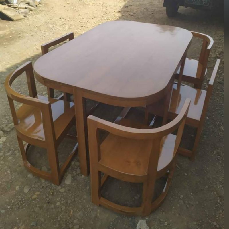 Jual Dining Set Meja Makan Oval Minimalis Kursi Bisa Masuk Meja Bahan Kayu Jati | Shopee Indonesia