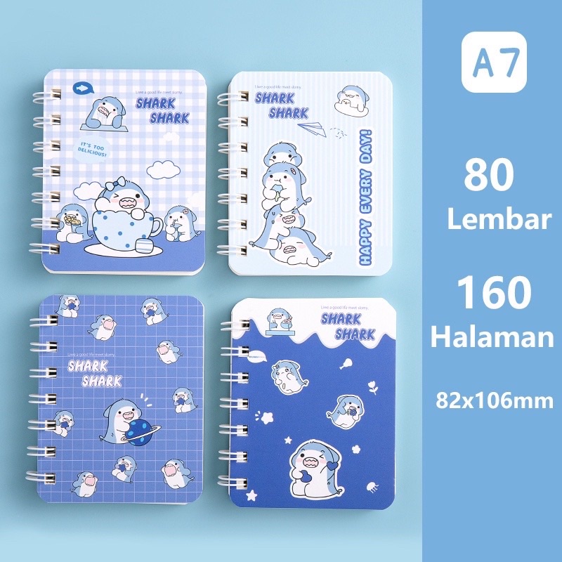 Jual notebook a7 notes notepad ring motif hiu lucu biru blue baby shark ...