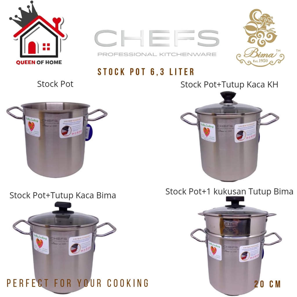 Jual Bima Chefs Stock Pot 20cm 6,3Liter 3-Ply Stainless Steel 304 Panci ...