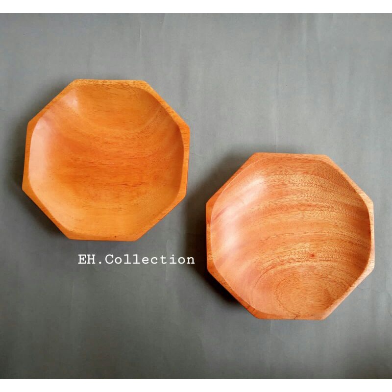 Jual piring kayu/piring saji/piring kayu mahoni 14cm segi 8 | Shopee ...
