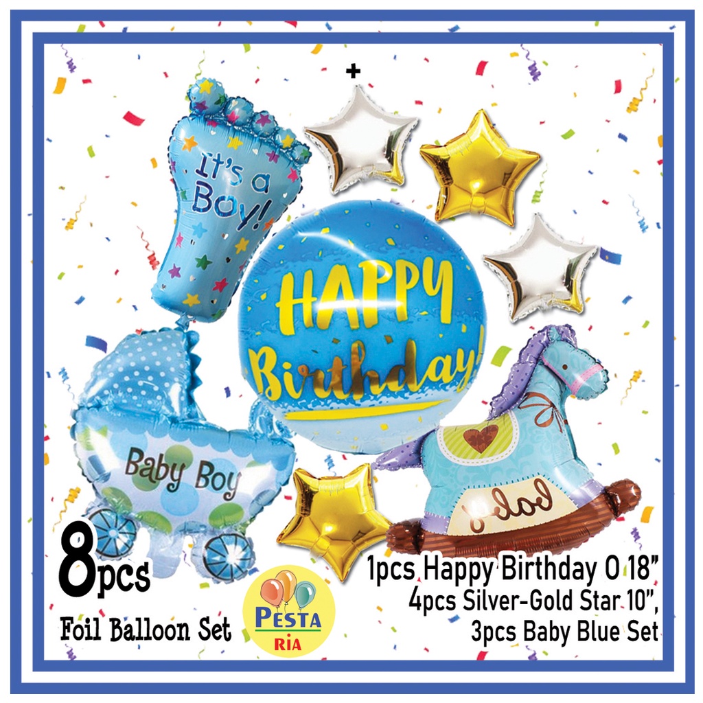 Jual Murah!! (1Set isi 8Pcs) Balon foil set HBD karakter Baby Boy Blue ...