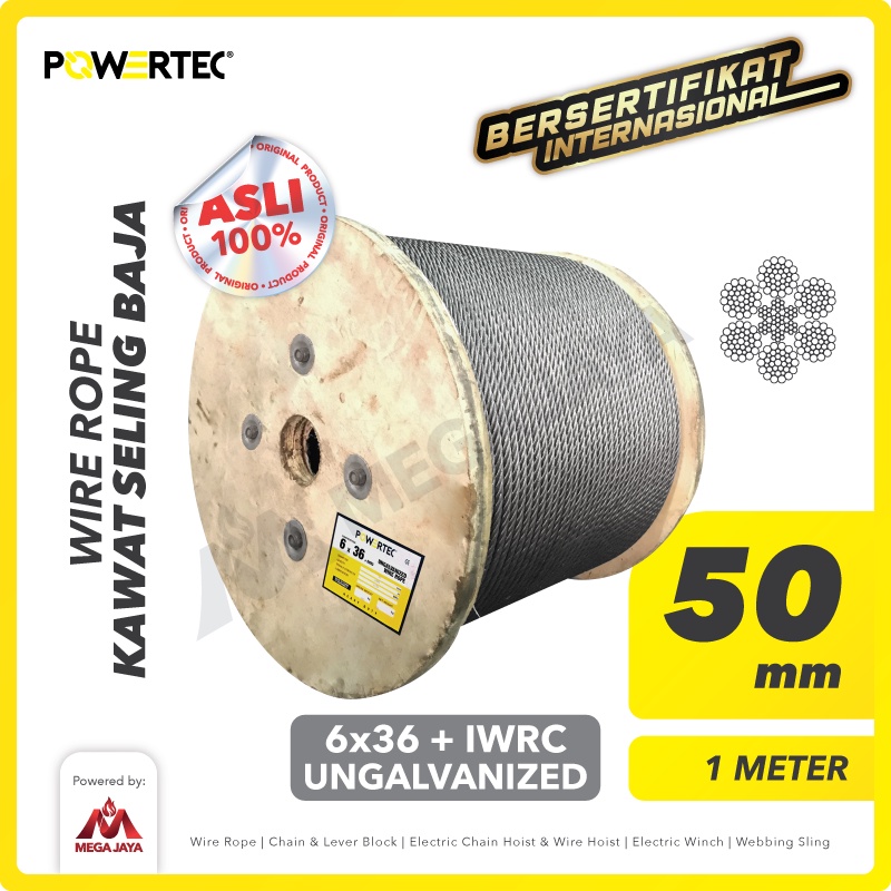 Jual POWERTEC Wire Rope / Kawat Seling Baja 6x36 IWRC 50mm Ungalv - 1 Meter | Shopee Indonesia