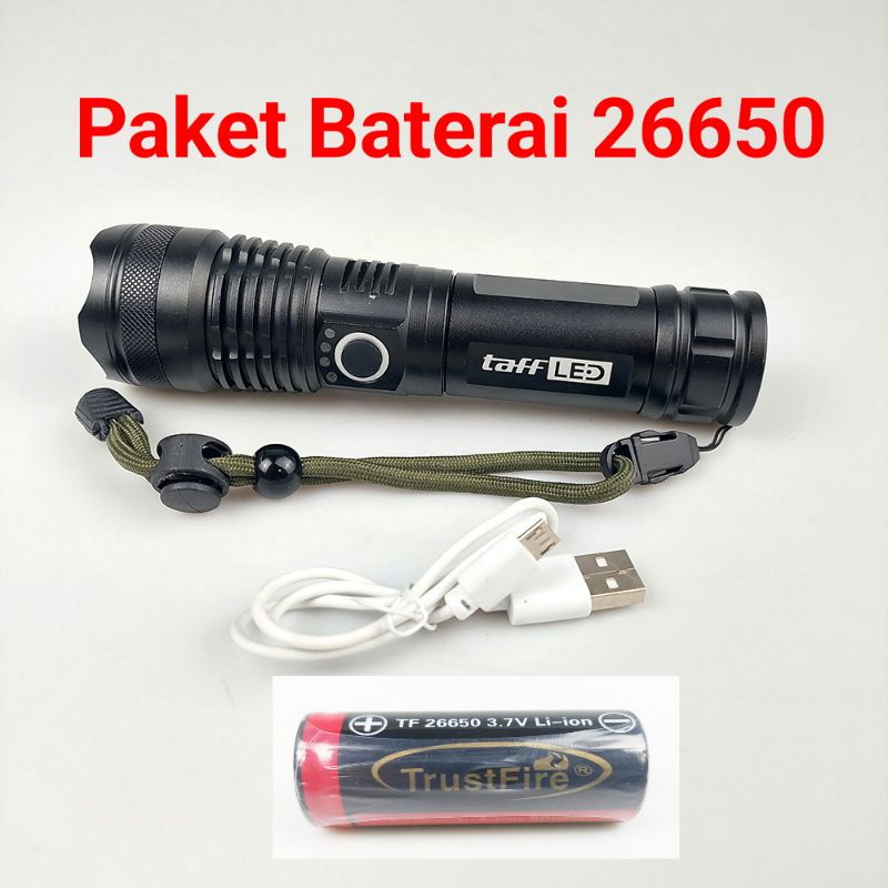 Jual senter LED cas charger super terang jarak jauh P50 original paket ...