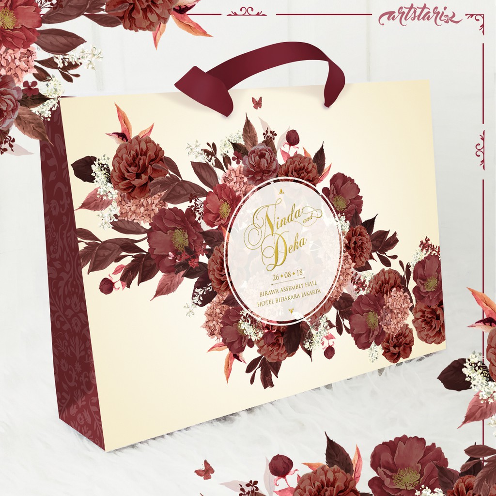 Jual Paperbag Bridesmaid BUNGA MERAH MARUN EMAS / FLOWER RED MAROON ...