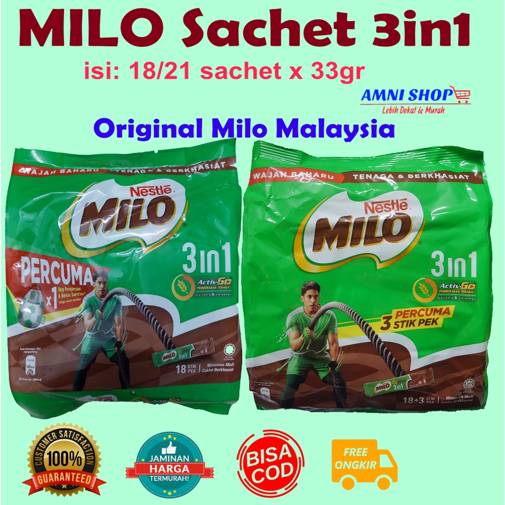Jual MILO Sachet 3in1 Original Malaysia 18 / 21 sachet x 33gr | Shopee ...