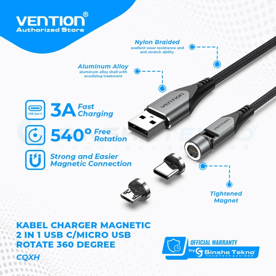 Jual VENTION KABEL DATA MAGNETIC TYPE C MICRO USB B ROTATE 360 DEGREE ...