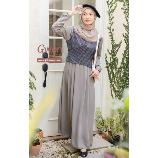 Jual GWEN DRESS JILBRAVE | Gamis Stylish Model Outer Motif Kotak Tali menyilang | Shopee Indonesia