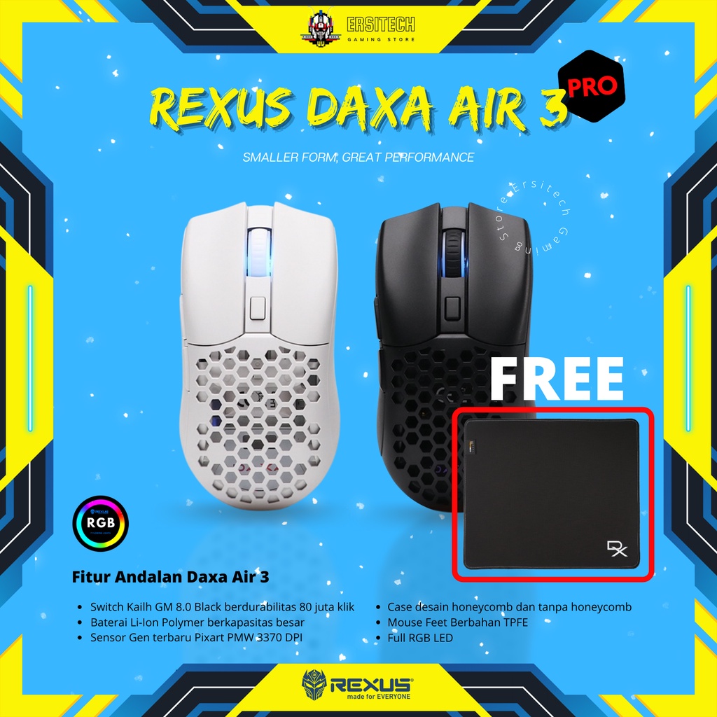 Jual Rexus Mouse Wireless Gaming Daxa Air 3 Free Mouse Pad Gaming ...