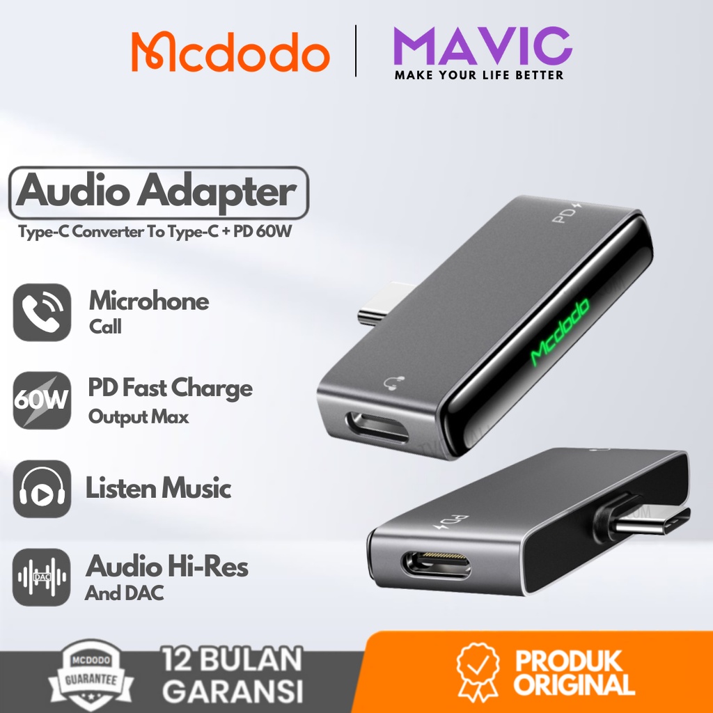 Jual MCDODO CA-7670 Audio Adapter Converter TYPE- C To Dual USB-C PD ...