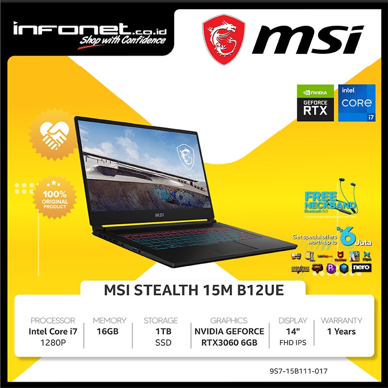 Jual MSI STEALTH 15M B12UE I7 1260P 16GB 1TB SSD RTX3060 6GB 15.6" FHD ...