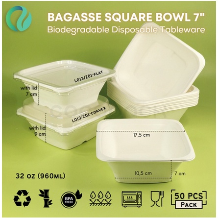 Jual Tempat Makan Kotak Sekali Pakai - 10 PCS Bagasse Square Bowl 7 Inch + Lid 32oz | Shopee ...