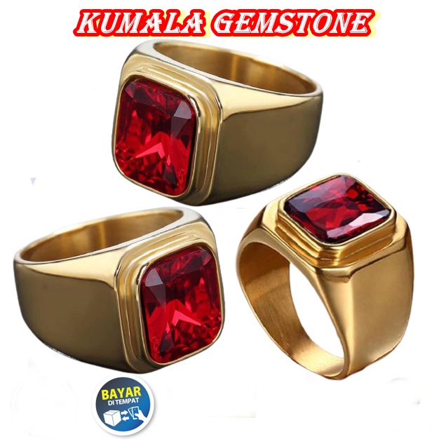Jual Batu Ruby Merah Siam Ring Baja Titanium Dipoles Gaya Sederhana ...