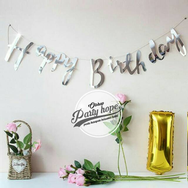 Jual Bunting flag HBD silver / banner tulisan cutting silver / banner ...