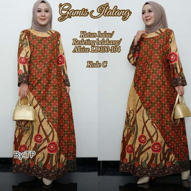Jual BAJU GAMIS WANITA MUSLIM HIJAB BATIK KEKINIAN SELING SOGAN COKLAT ...