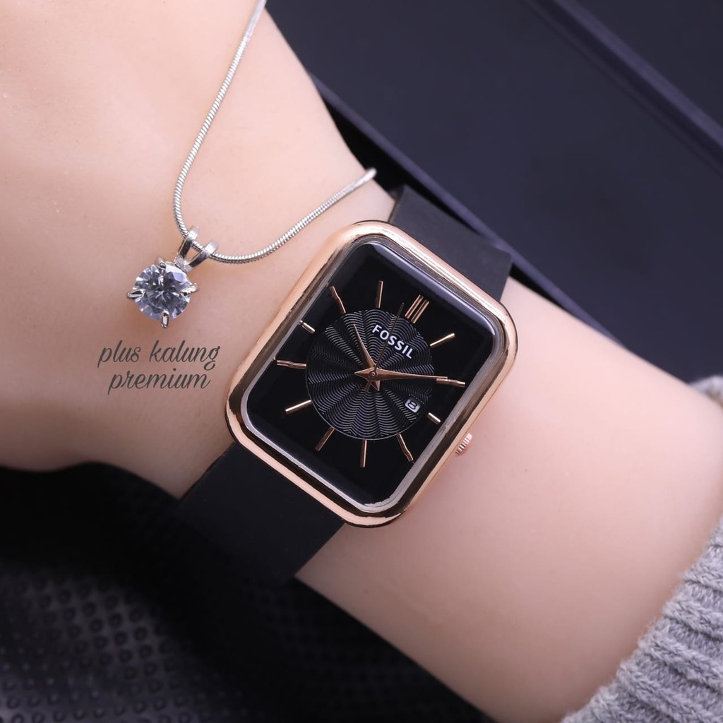 Jual Jam Tangan Wanita Foxil Tali Rubber Body Segi Free Kalung Tanggal ...