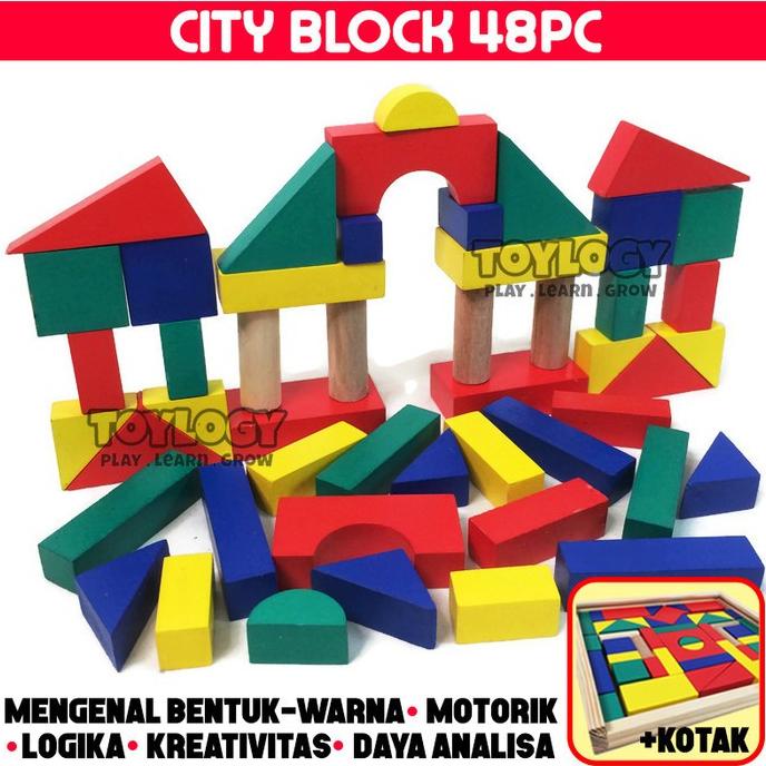 Jual Mainan Edukasi Anak City Block Kayu Balok Warna Susun Blok Bangun ...