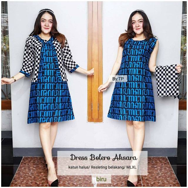 Jual Bolero batik dress aksara warna biru merah kuning hijau putih ...