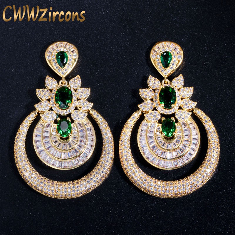Jual earrings CWWZircons Dubai 18k Yellow Gold Vintage Costume Jewelry Green Emerald Long Big ...
