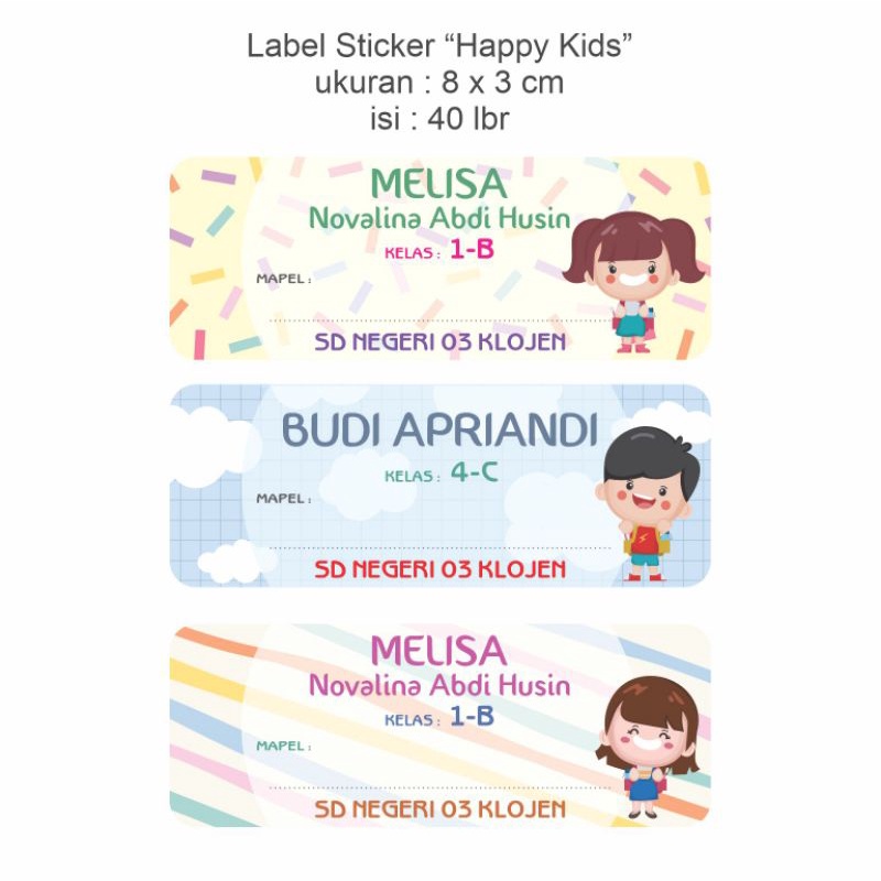Jual PO Sticker Label Nama Anak Mapel Sekolah "Happy Kids" ukuran 8x3 ...