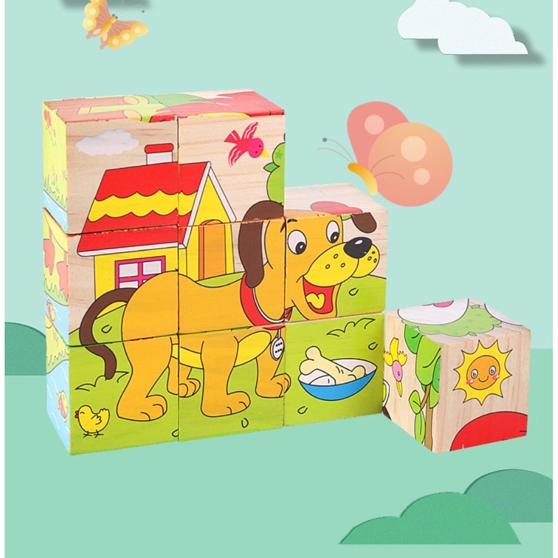 Jual PUZZLE BALOK KAYU KUBUS SUSUN 6 GAMBAR / WOODEN CARTOON BLOCK ...