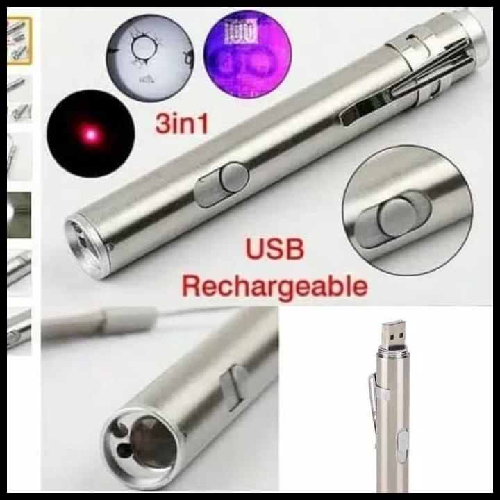 Jual Senter Multifungsi 3 In 1 Recharge Mini Usb Laser Pointer Uv ...