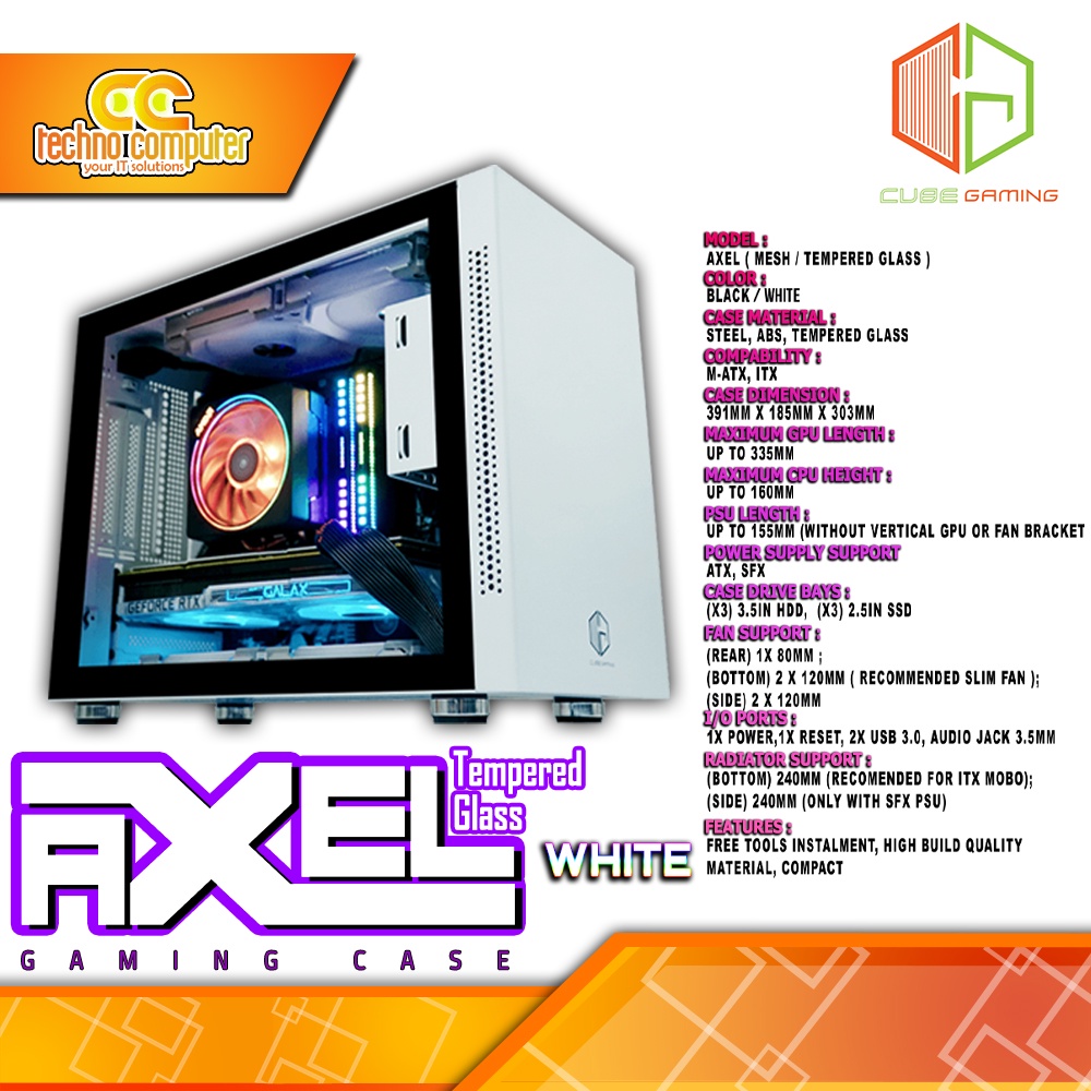 Jual CASING CUBE GAMING AXEL Tempered Glass White - Mini ITX Case With ...