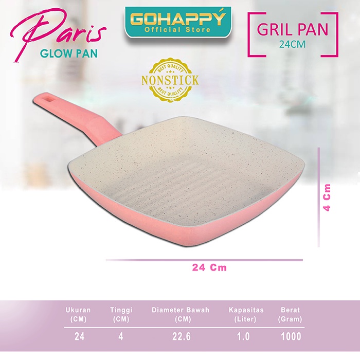 Jual Frypan Grill Paris Glow Pan Go happy Tosca Pink- Grill Pan kotak ...